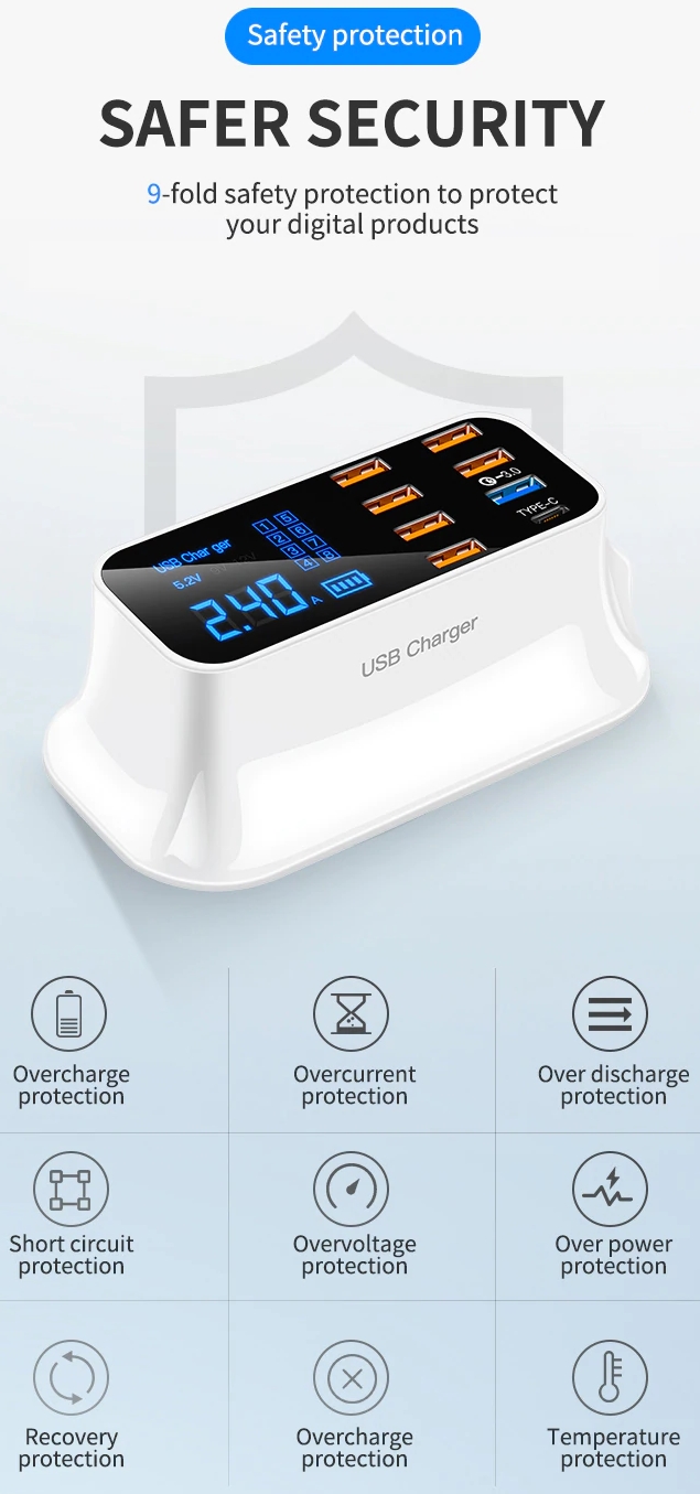 【レビュー】YC-CDA19QはLED表示付の8ポートUSB充電器