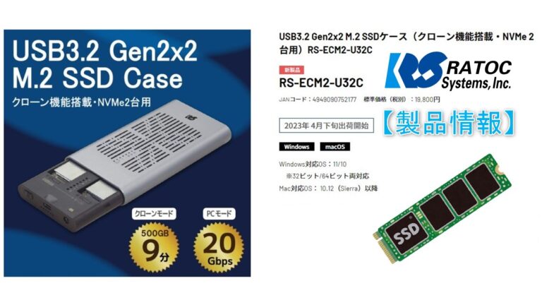 【RS-ECM2-U32C】M.2SSD2基搭載でPCレスクローン作成機能付ラトック製USB外付けケースが2万円強！